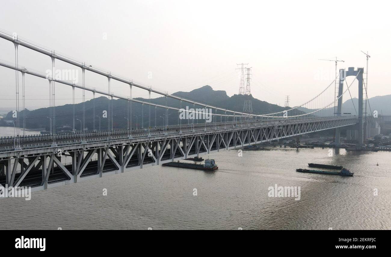 ZHENJIANG, CHINA - OCTOBER 13, 2020 - Aerial view of Wufengshan Yangtze ...