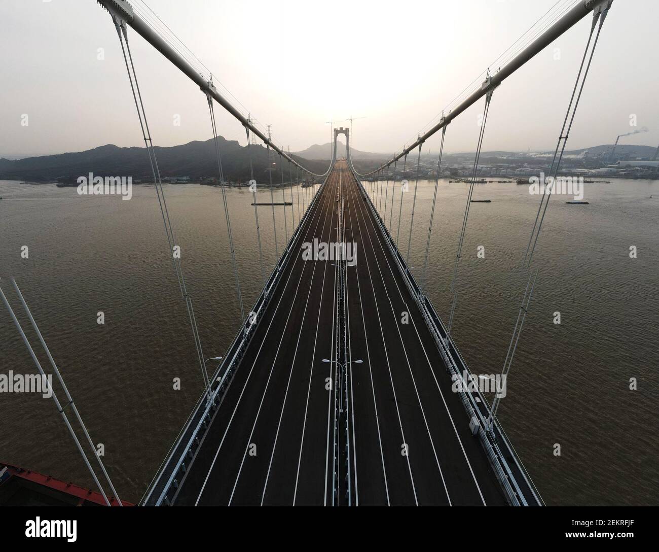 ZHENJIANG, CHINA - OCTOBER 13, 2020 - Aerial view of Wufengshan Yangtze ...