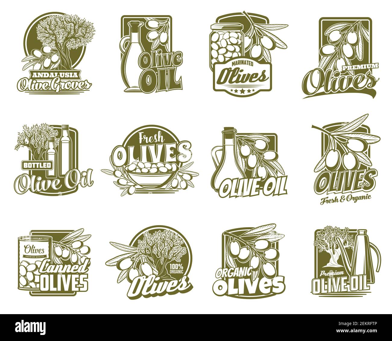 Green olive vector badges with olive tree branches, oil bottles and ...
