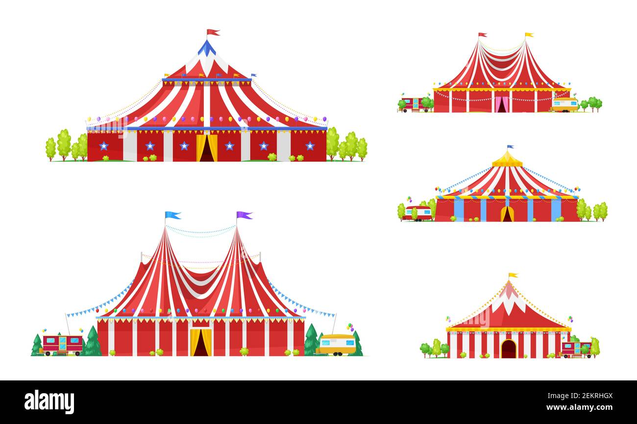 Circus tent or carnival marquee vector icons with red and white strips, open entrances and ...