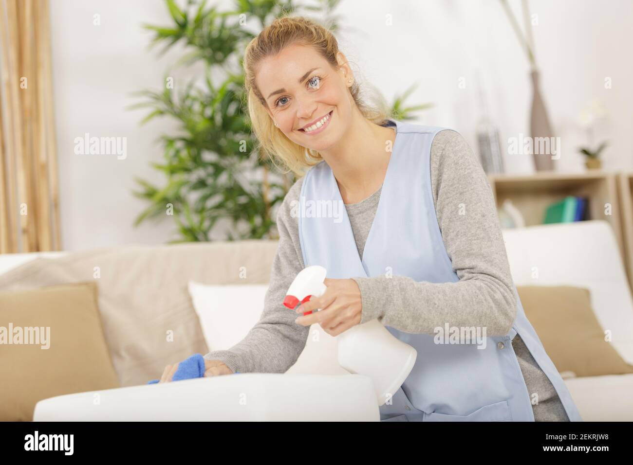 young happy cleaner with spray bottle in room Stock Photo - Alamy