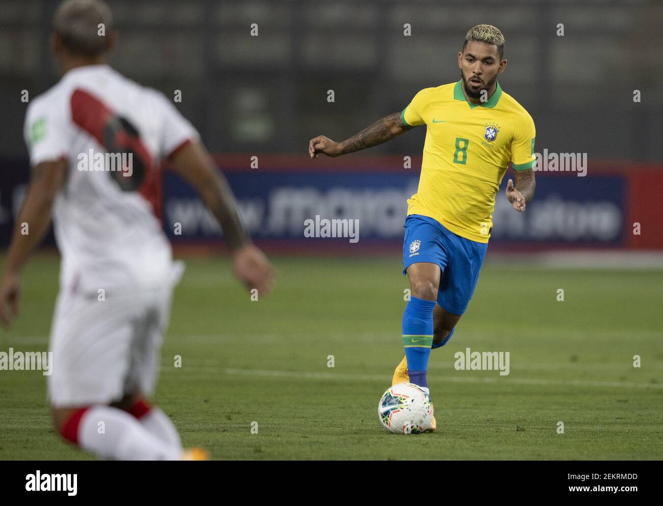 Qatar 2022 qualifiers; Peru versus Brazil; Douglas Luiz of Brazil ...
