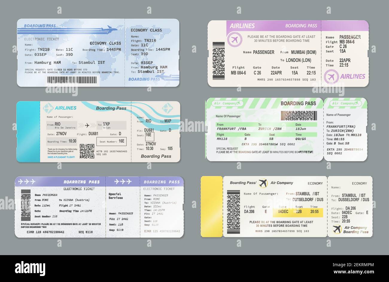 Airline boarding pass ticket vector templates, travel by plane design ...