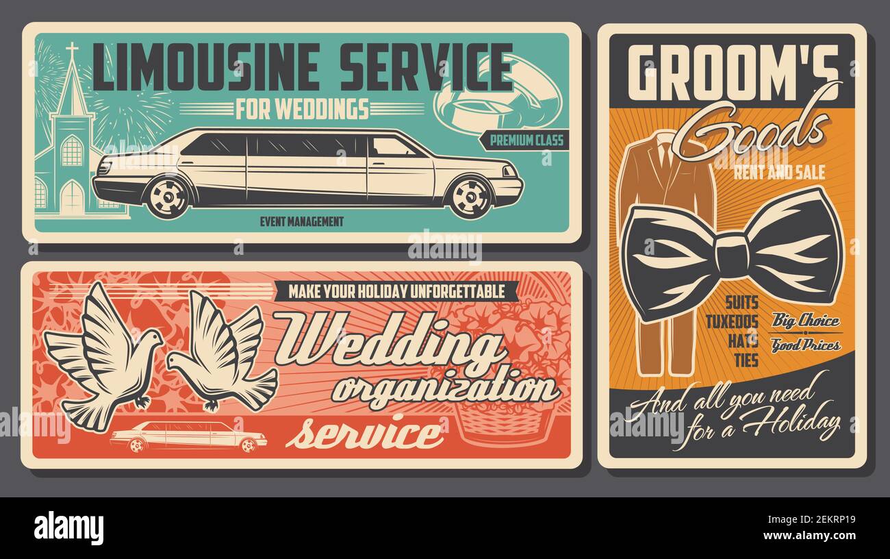 Wedding ceremony vector banners of love couple rings, bride dress and ...