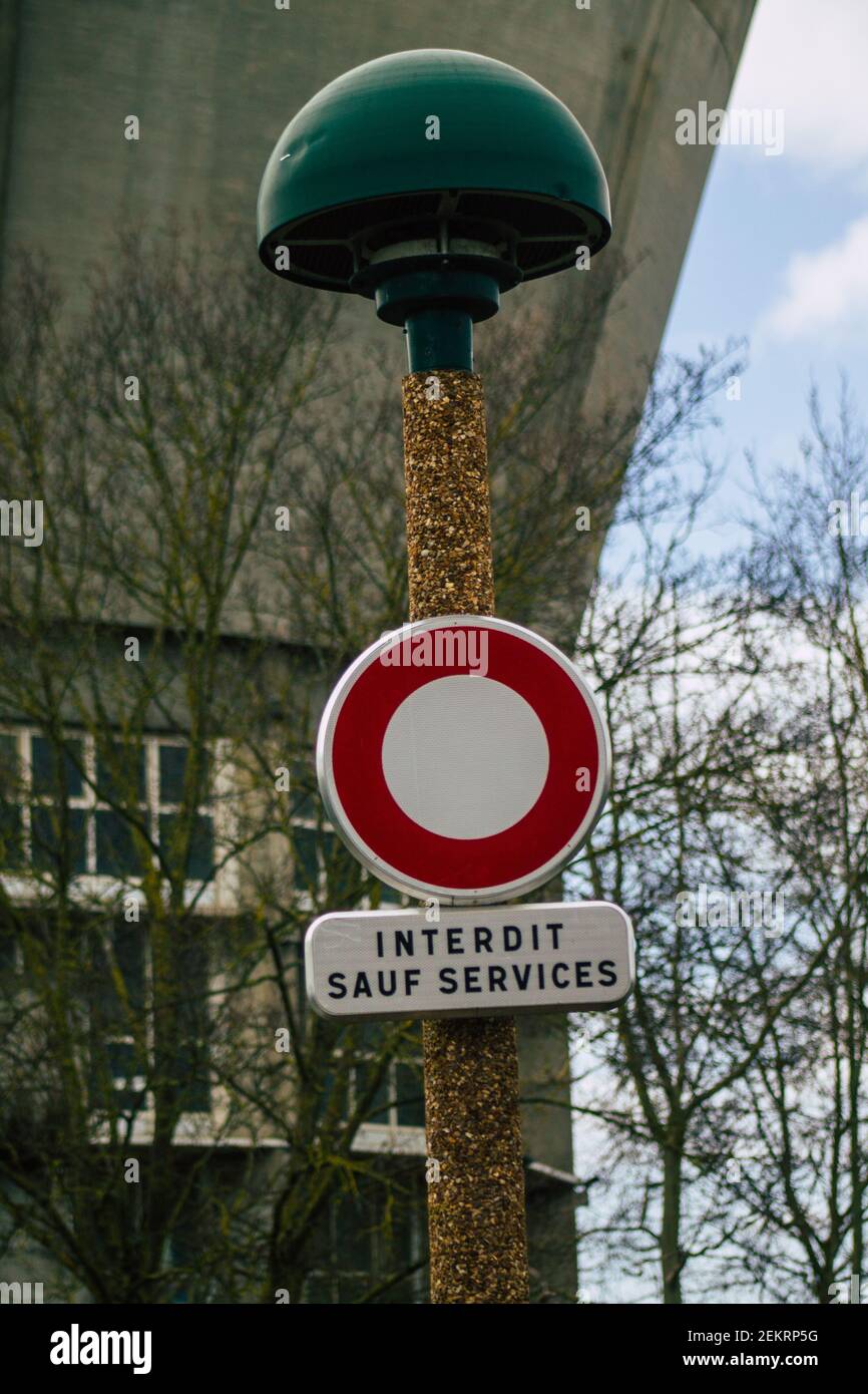 Reims France February 23, 2021 Street sign or road sign, erected at the ...
