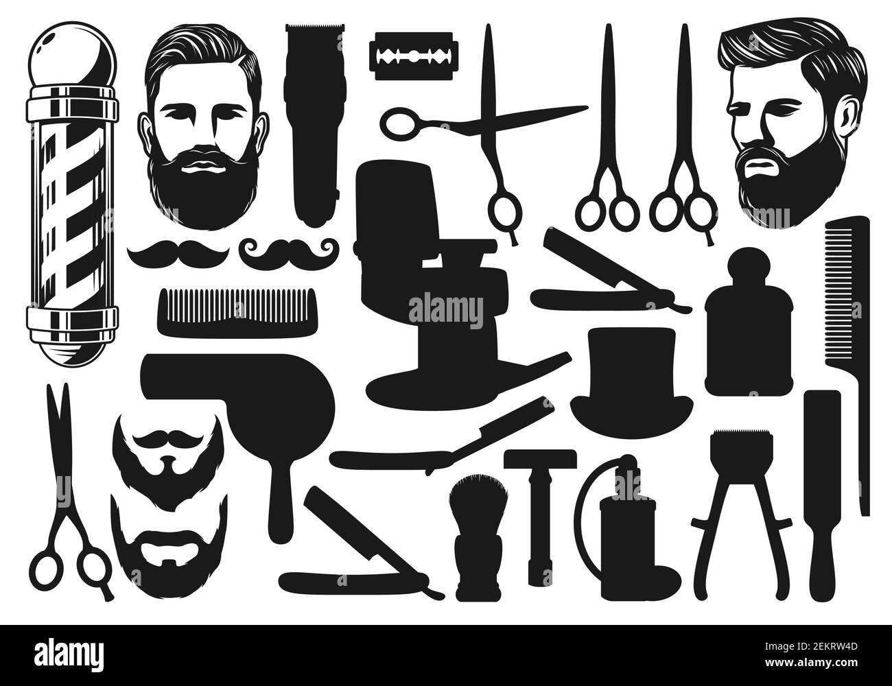Barbershop cut, shave and trim tool silhouettes and icons. Vector ...