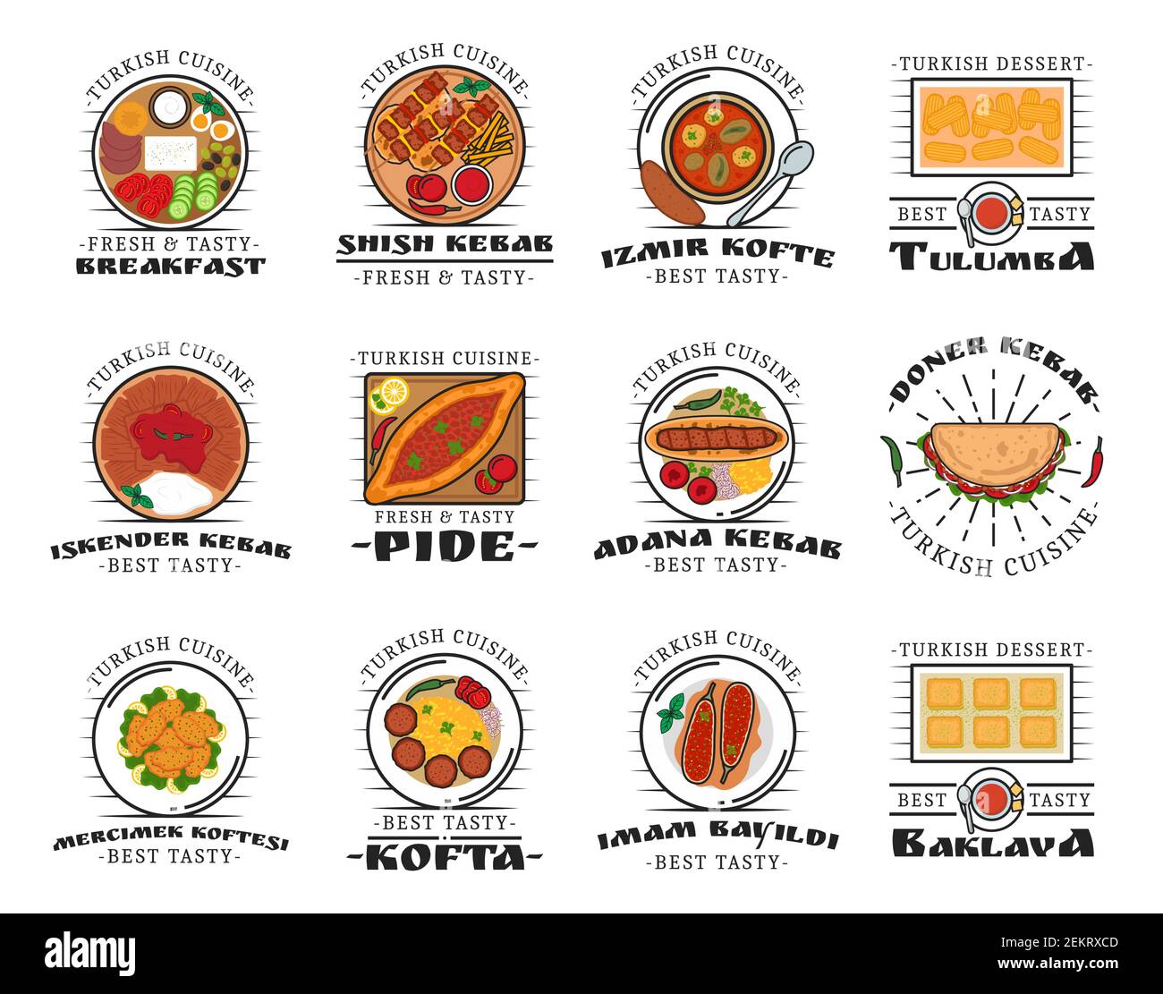 Turkish cuisine food isolated dishes. Vector shish kebab and izmir ...