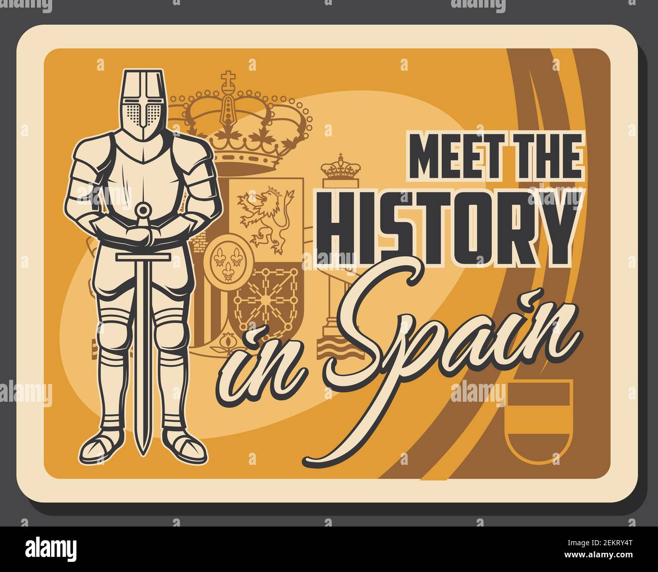 History and culture of Spain, knight, flag and Spanish coat of arms ...