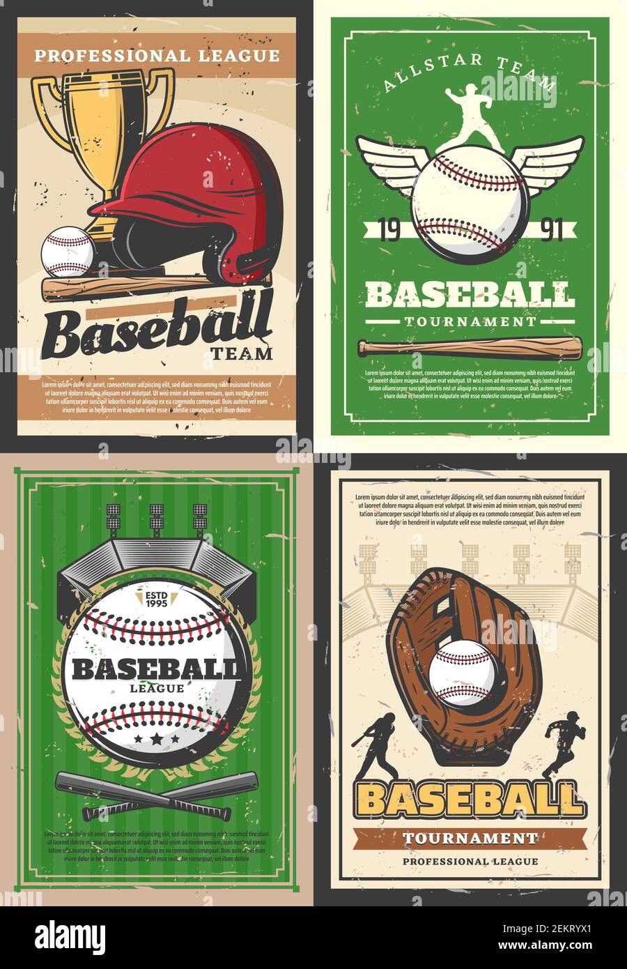 Baseball sport league tournament match retro posters with vector ...