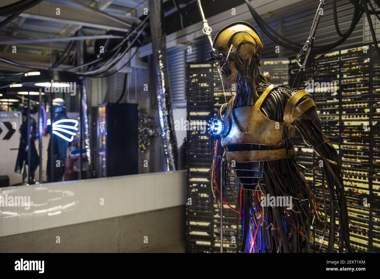 A life-size robot seen displayed at the Cyberpunk exhibition in Hong ...