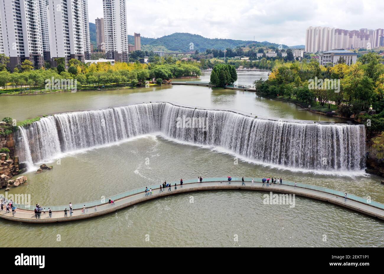 Aerial view of the Kunming Waterfall Park in Kunming city, an enormous ...
