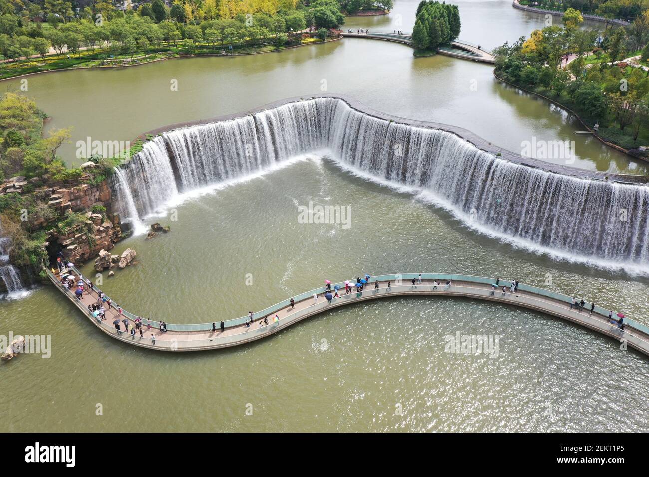 Aerial view of the Kunming Waterfall Park in Kunming city, an enormous ...