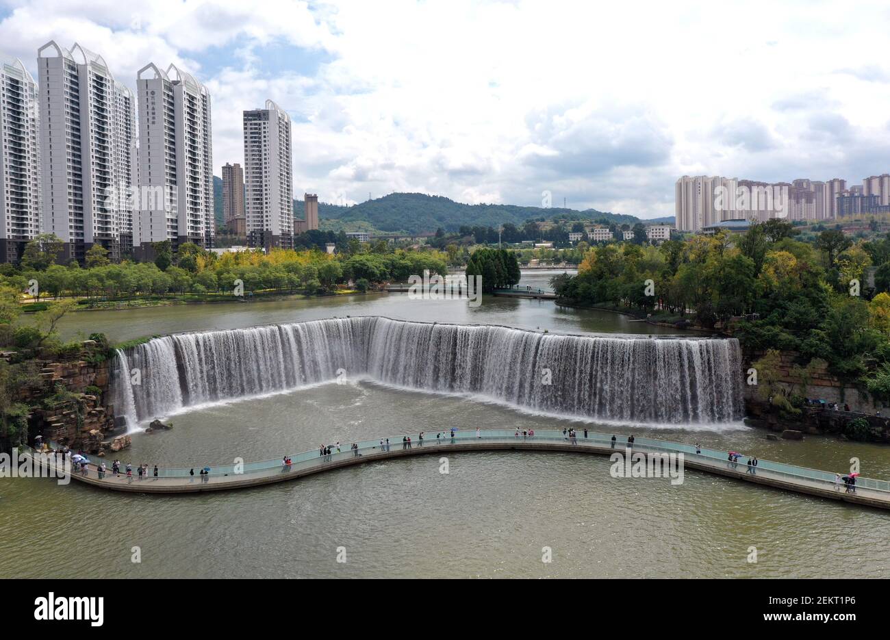 Aerial view of the Kunming Waterfall Park in Kunming city, an enormous ...