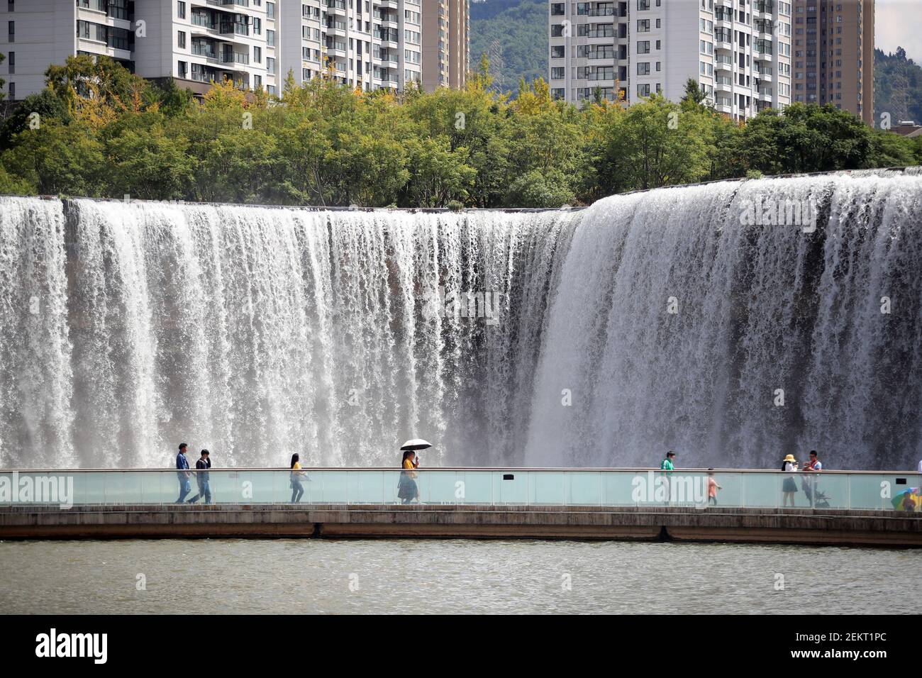 Aerial view of the Kunming Waterfall Park in Kunming city, an enormous ...