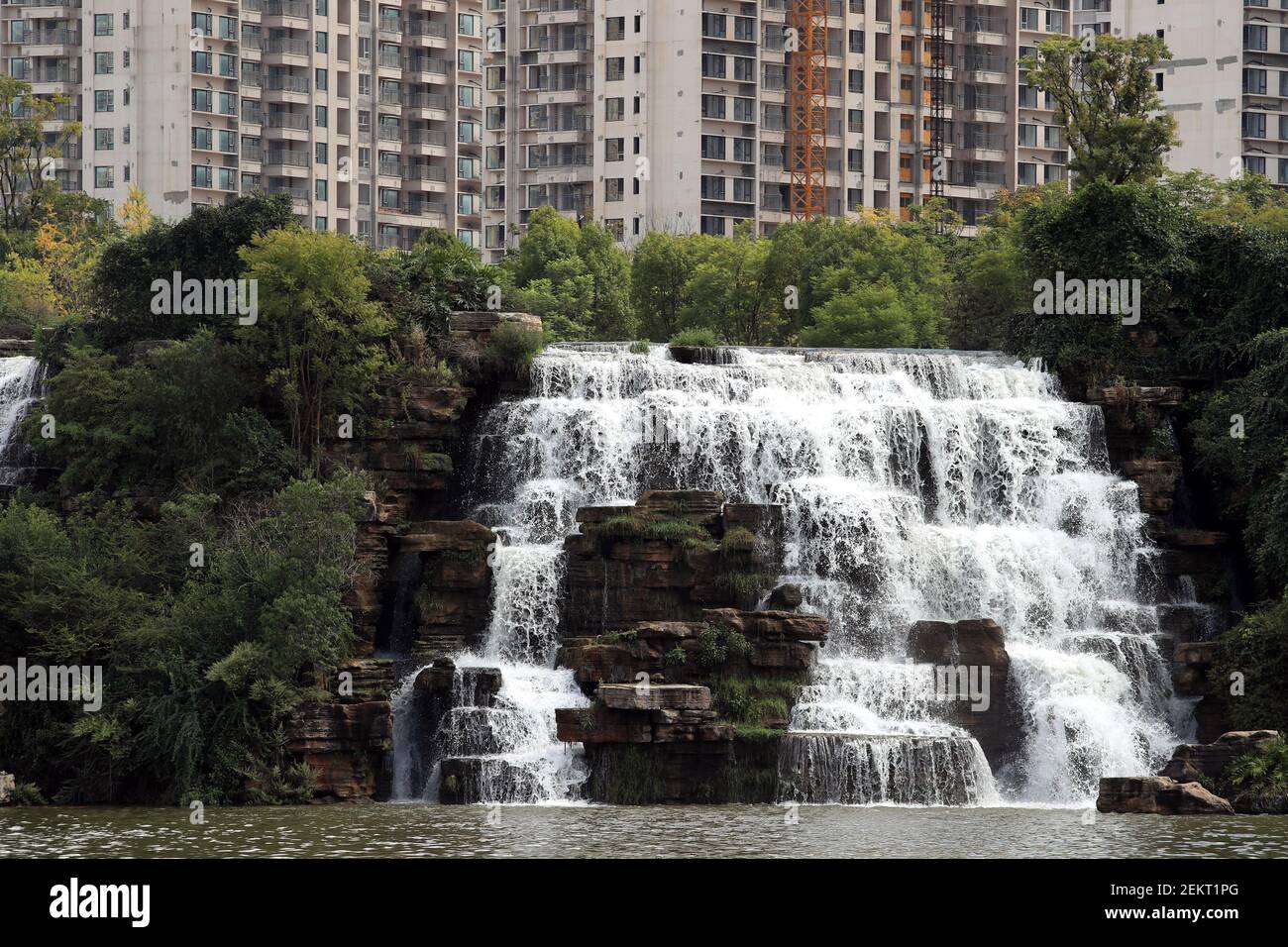 Aerial view of the Kunming Waterfall Park in Kunming city, an enormous ...