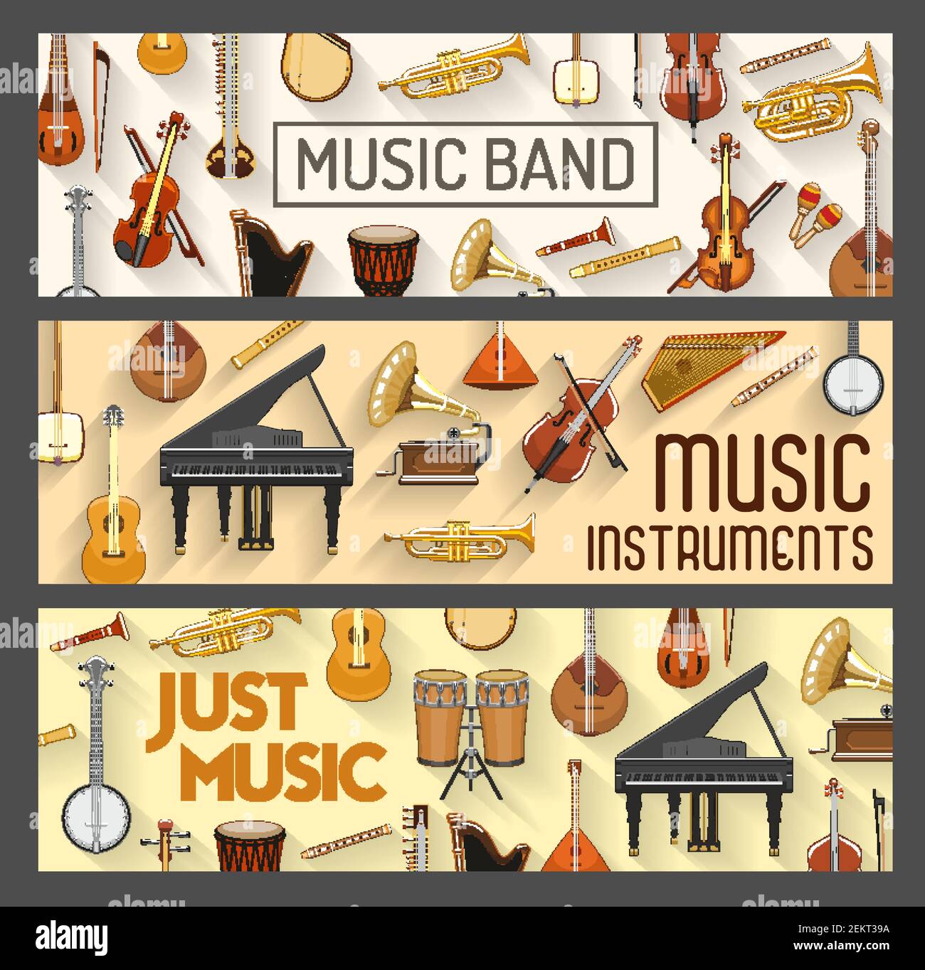 Music band, vector musical instruments. Violin and orchestra harp ...