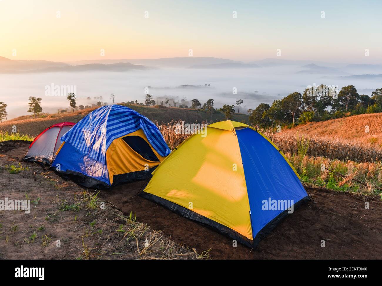 Landscape sunrise beautiful in winter view outdoor travel camping tent ...