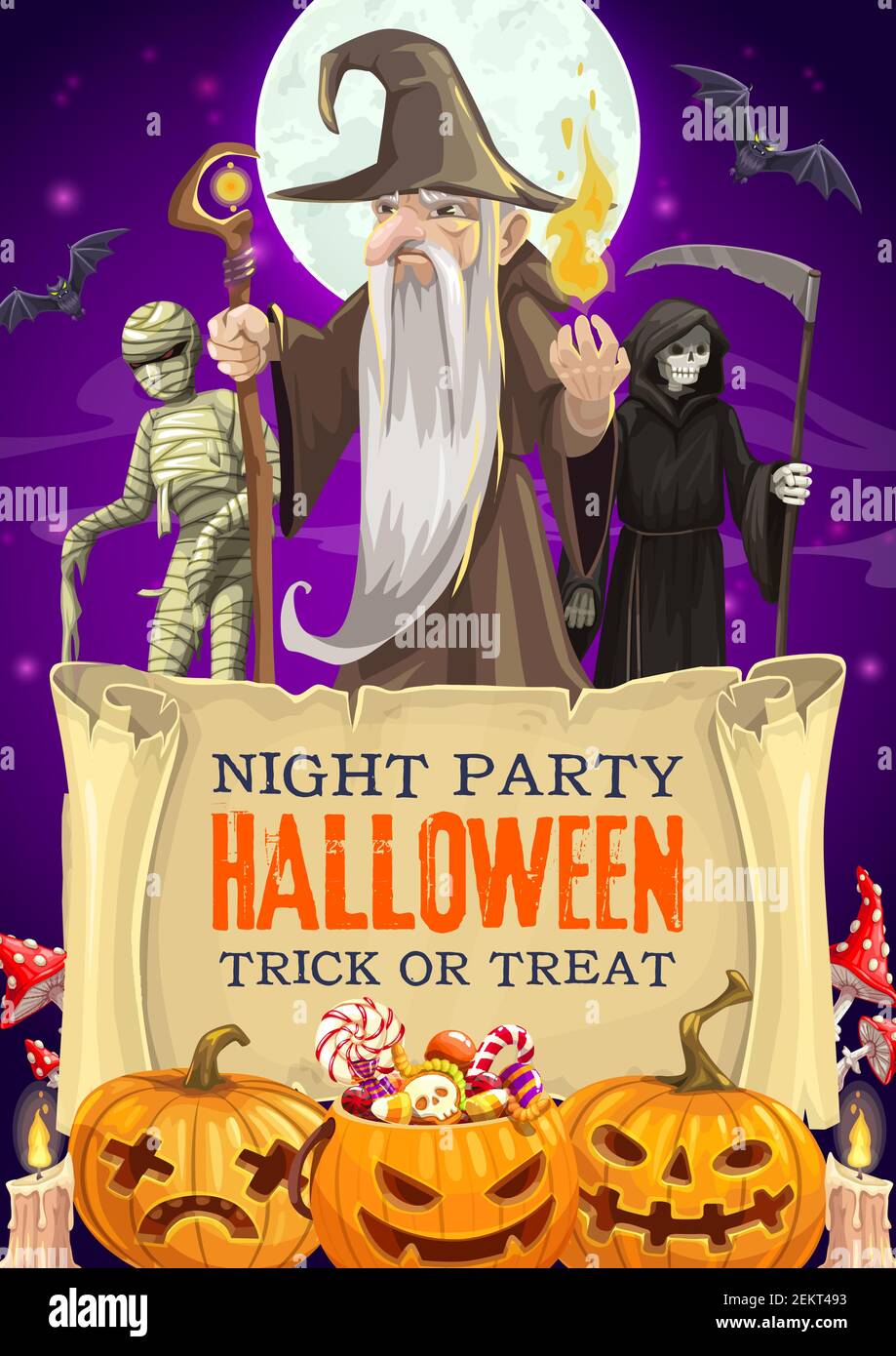 Halloween pumpkins with trick or treat candies and horror night ...