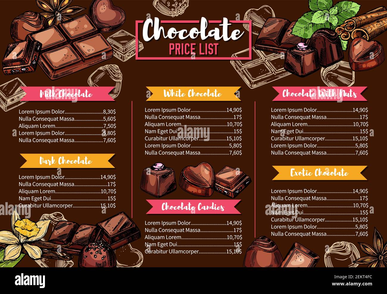 Chocolate candies shop, confectionery menu, vector sketch. Natural ...