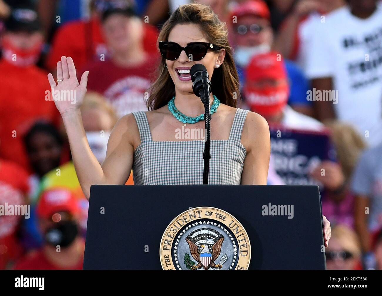 Hope Hicks, senior counselor to U.S. President Donald Trump waves to ...