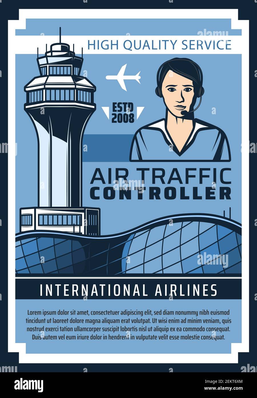 Air traffic control service vector poster of flight controller with ...