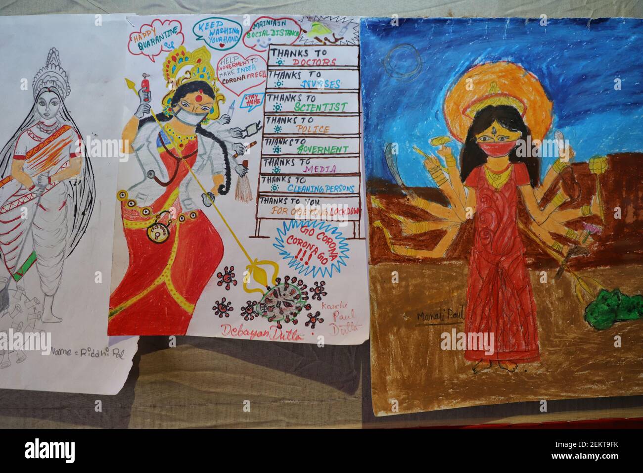 Art drawings of Goddess Durga dressed as a doctor and wearing facemask ...
