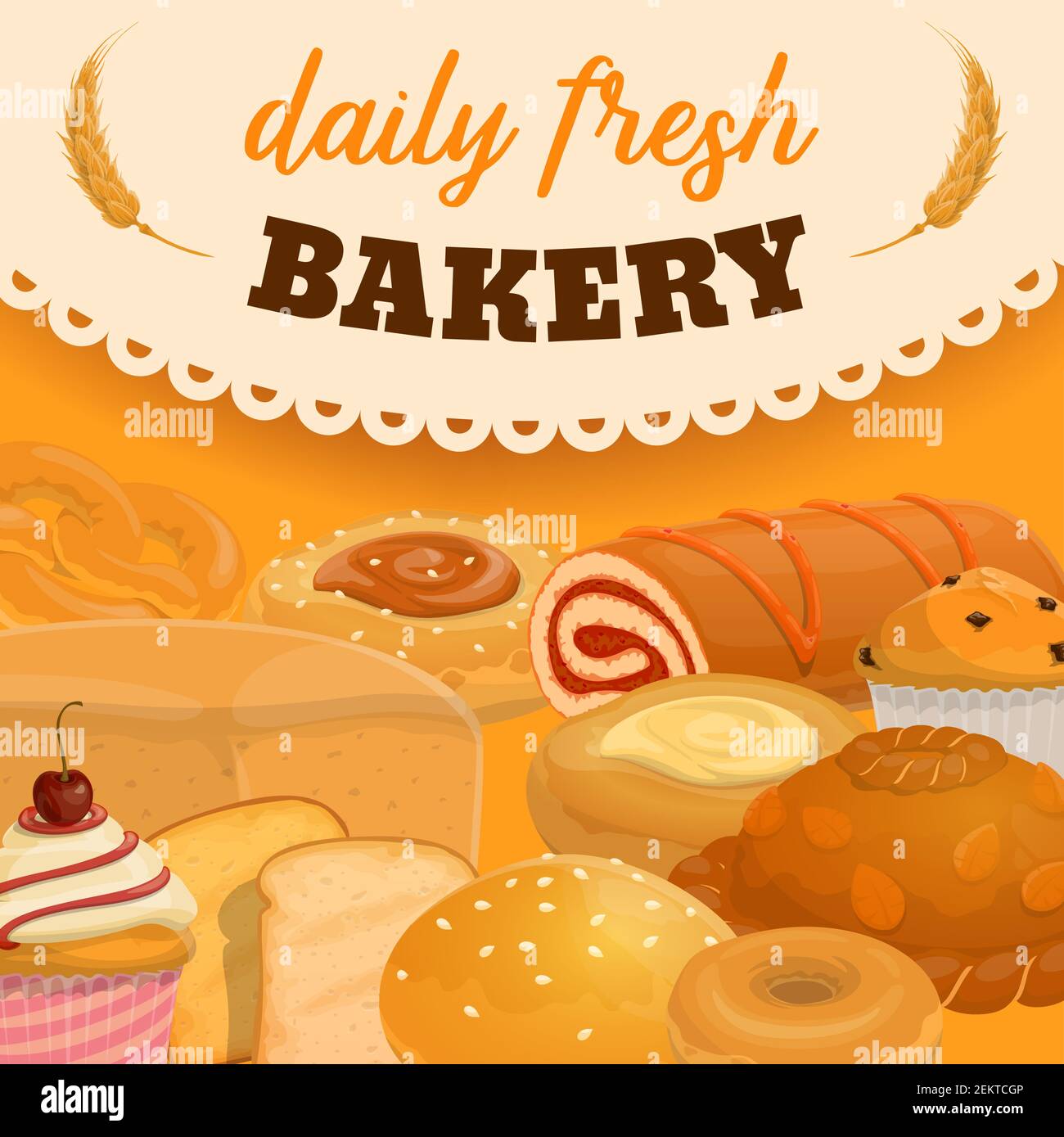 Daily bakery, fresh bread, buns and cakes, lettering on napkin, ears of ...