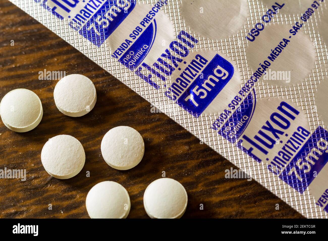 In this photo illustration a pack of Fluxon (Cinarizina) with some ...