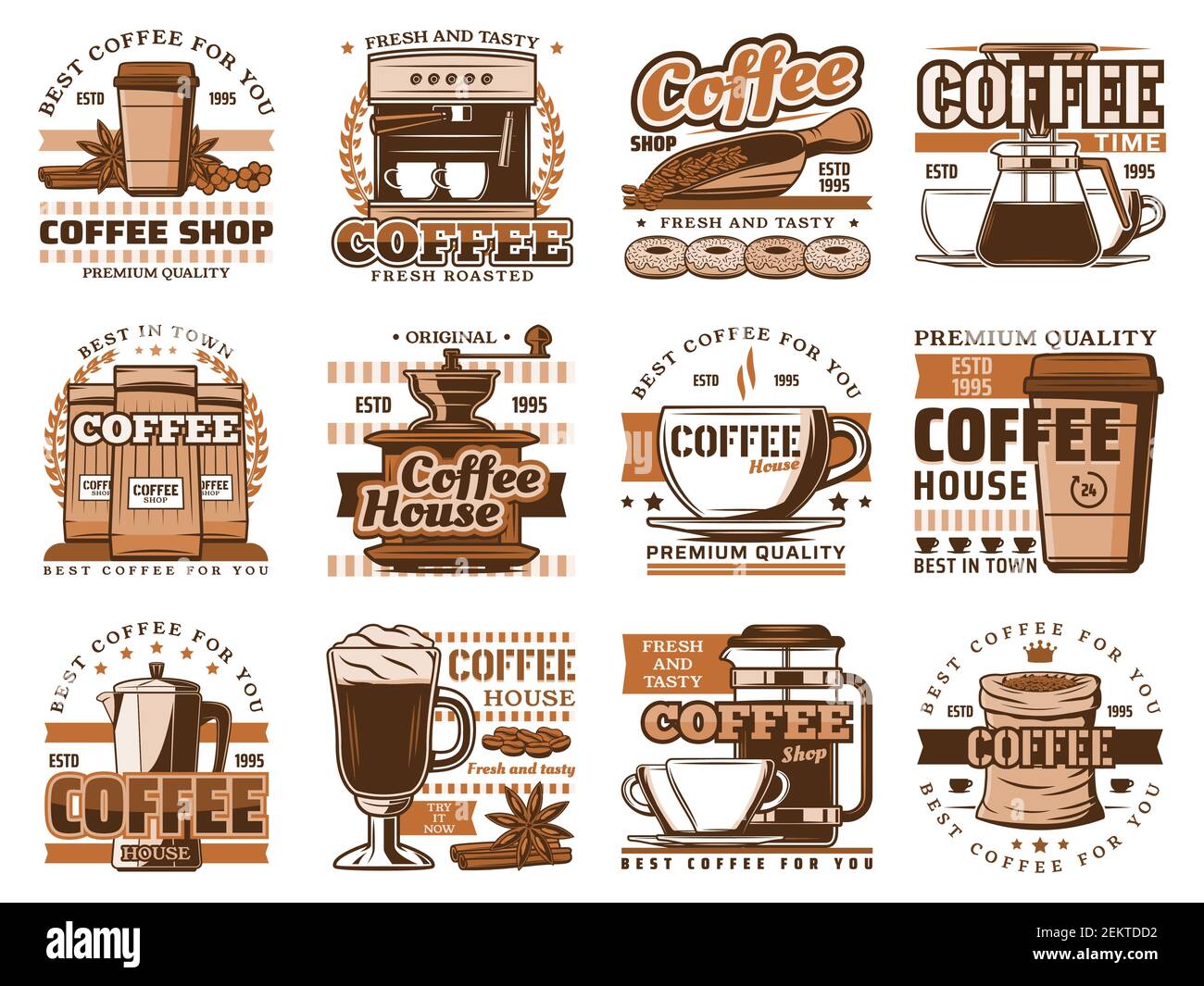 Coffee shop icons, brown symbols. Vector icons of drinks, grinder ...