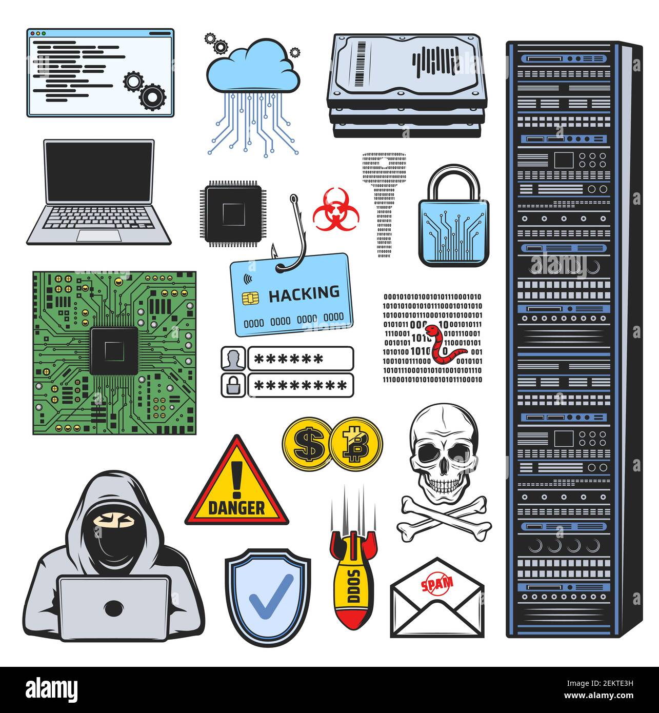 Vector icons of computer hacker, account login, password and credit ...