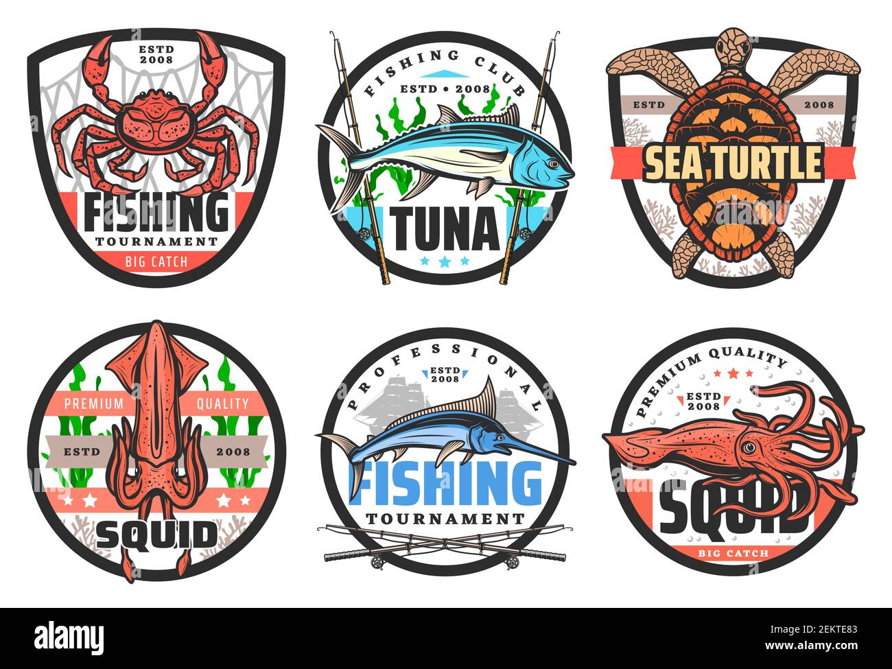 Fishing club, big fish and catch tournament icons or labels. Vector ...