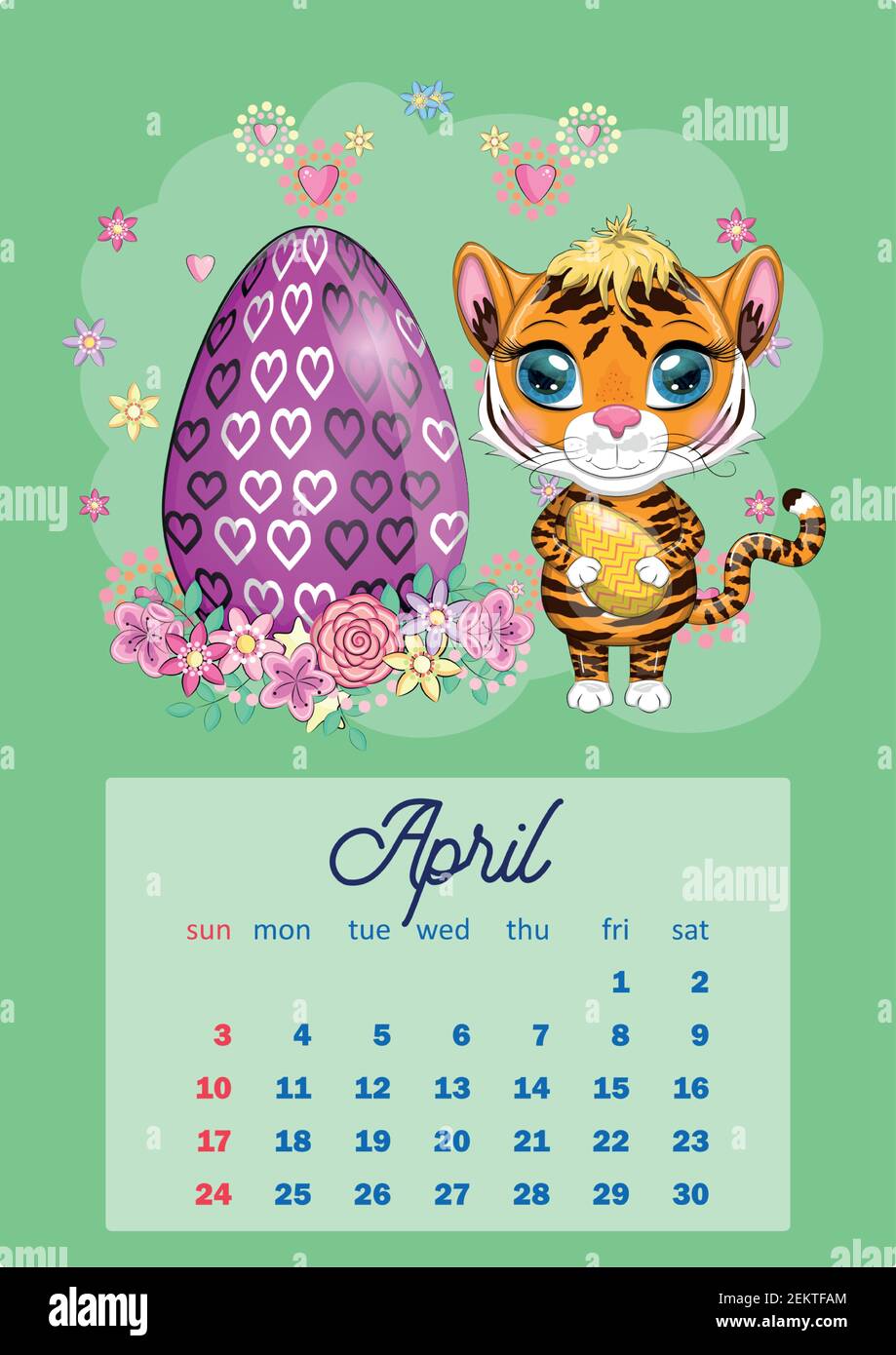 Cute Tiger Wall Calendar Template for 2022, Year of the Tiger, Chinese ...