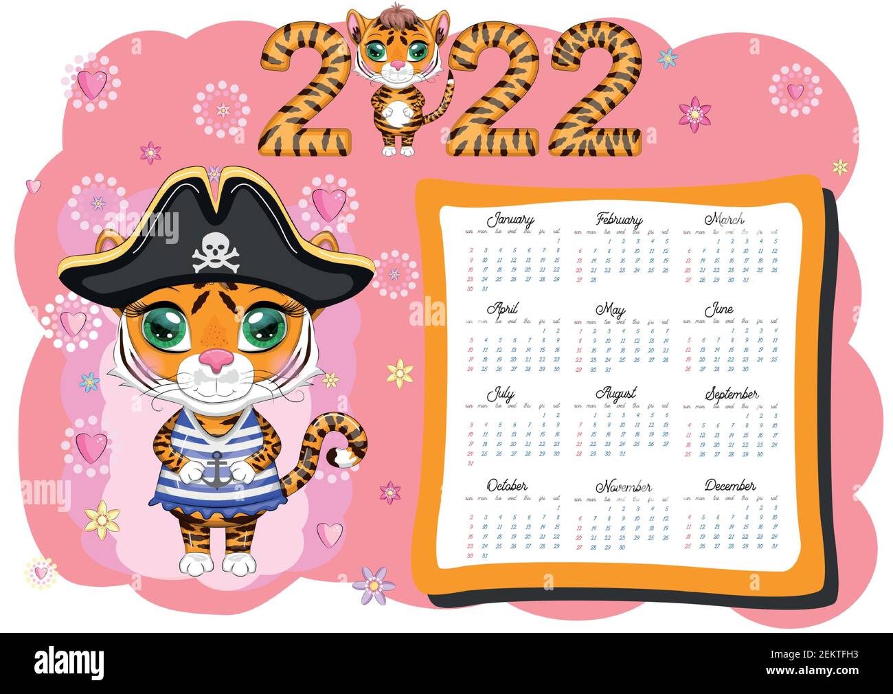 Calendar 2022. Tiger - a symbol of the new year, Cartoon tiger. Chinese ...