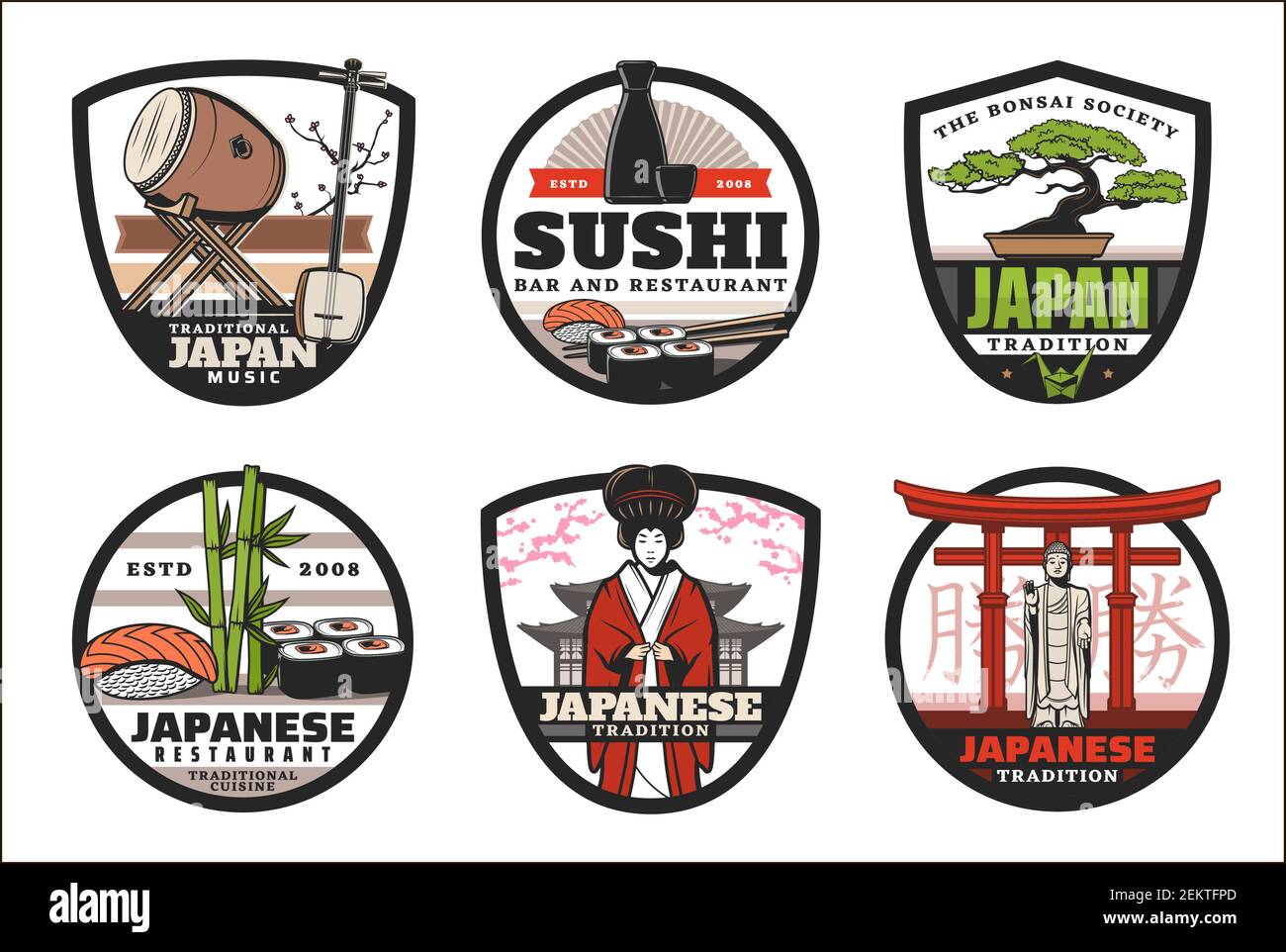 Japanese icons of tradition, culture and food. Vector signs of sushi ...