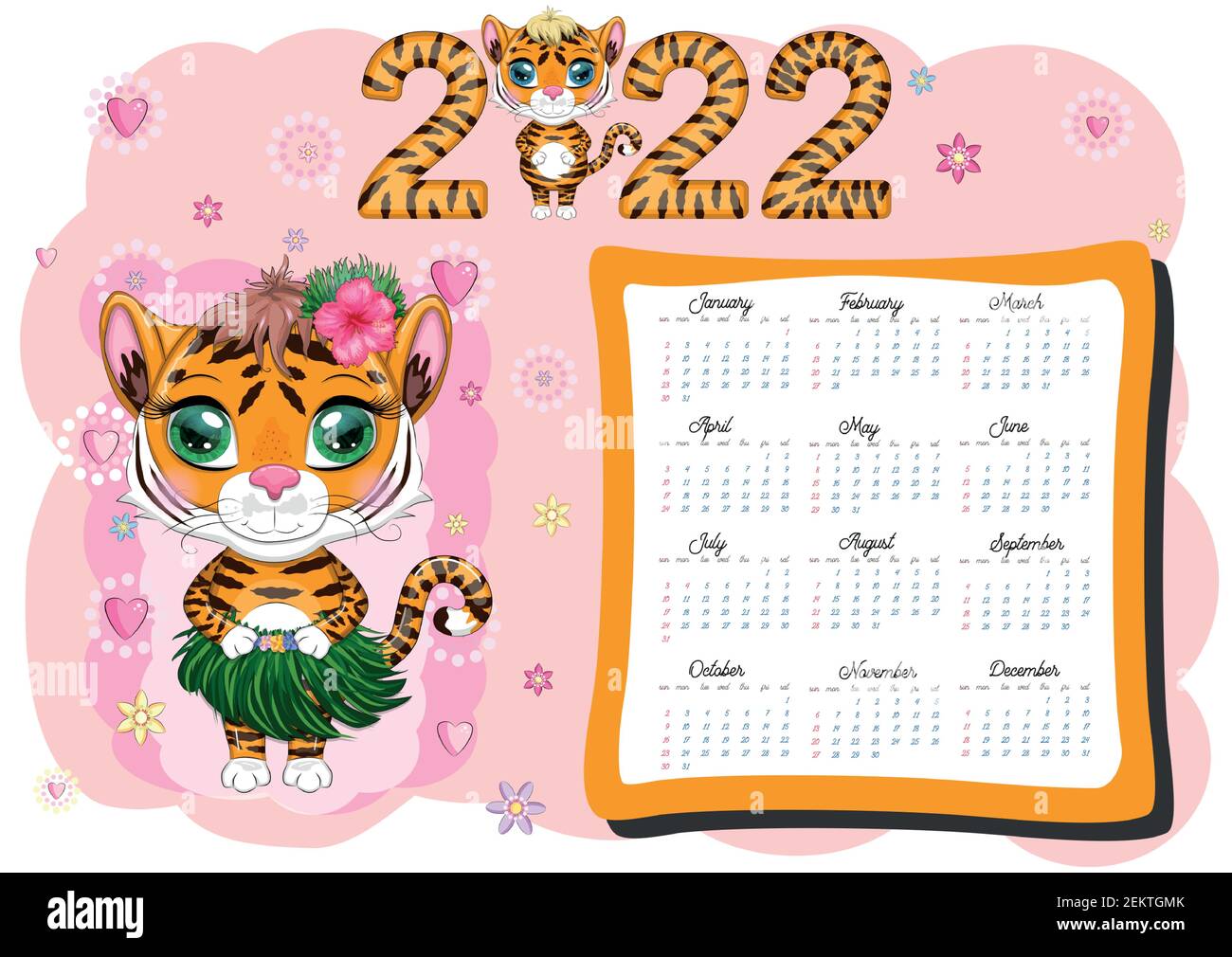 Calendar 2022. Tiger - a symbol of the new year, Cartoon tiger. Chinese ...