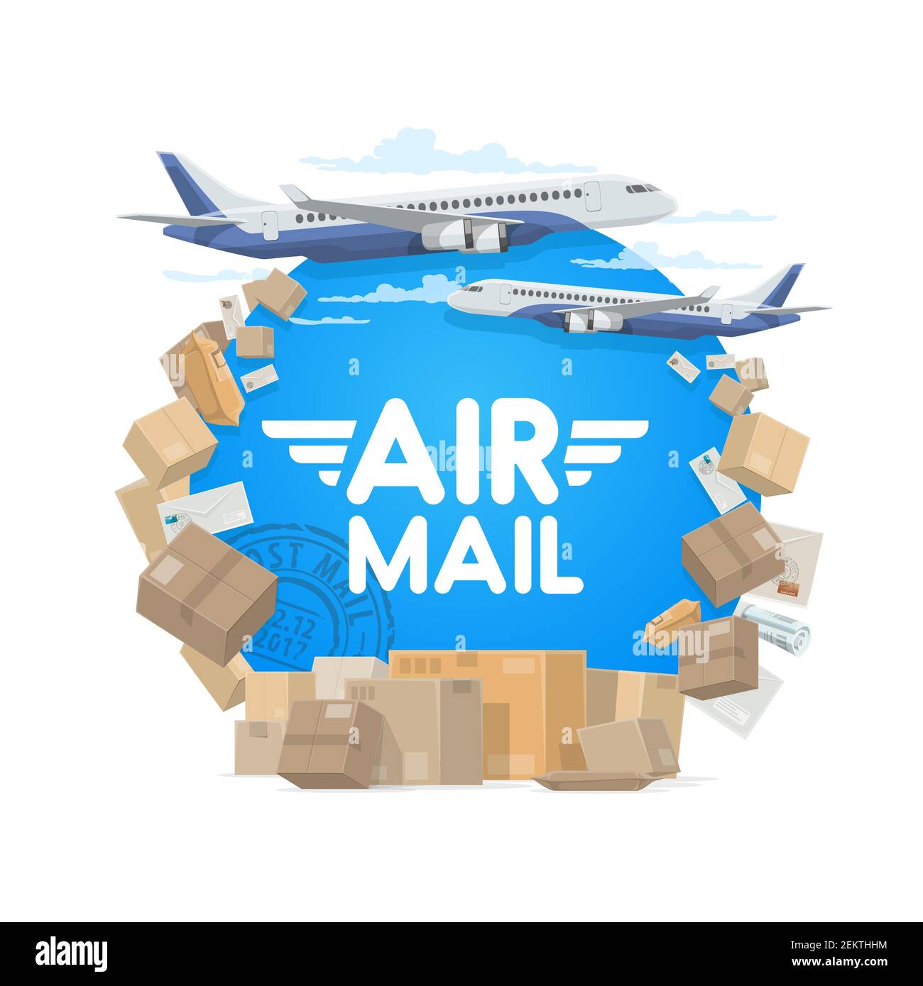 Air mail, isolated round frame of parcels, letters and plane. Vector ...