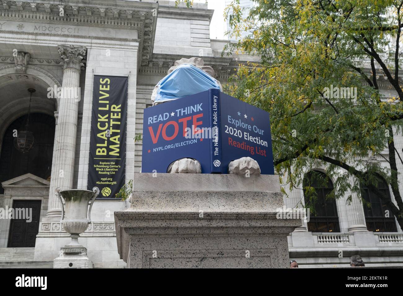 View of Read Think Vote campaign posters on main building of New York ...