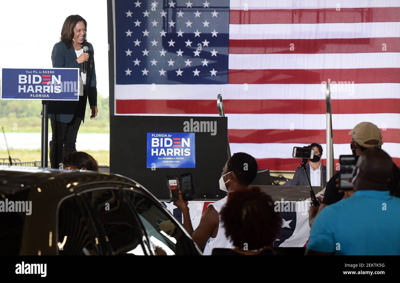 Democratic vice presidential nominee Senator Kamala Harris speaks at a ...
