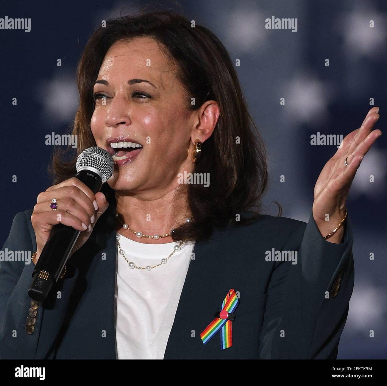 Democratic vice presidential nominee Senator Kamala Harris speaks at a ...