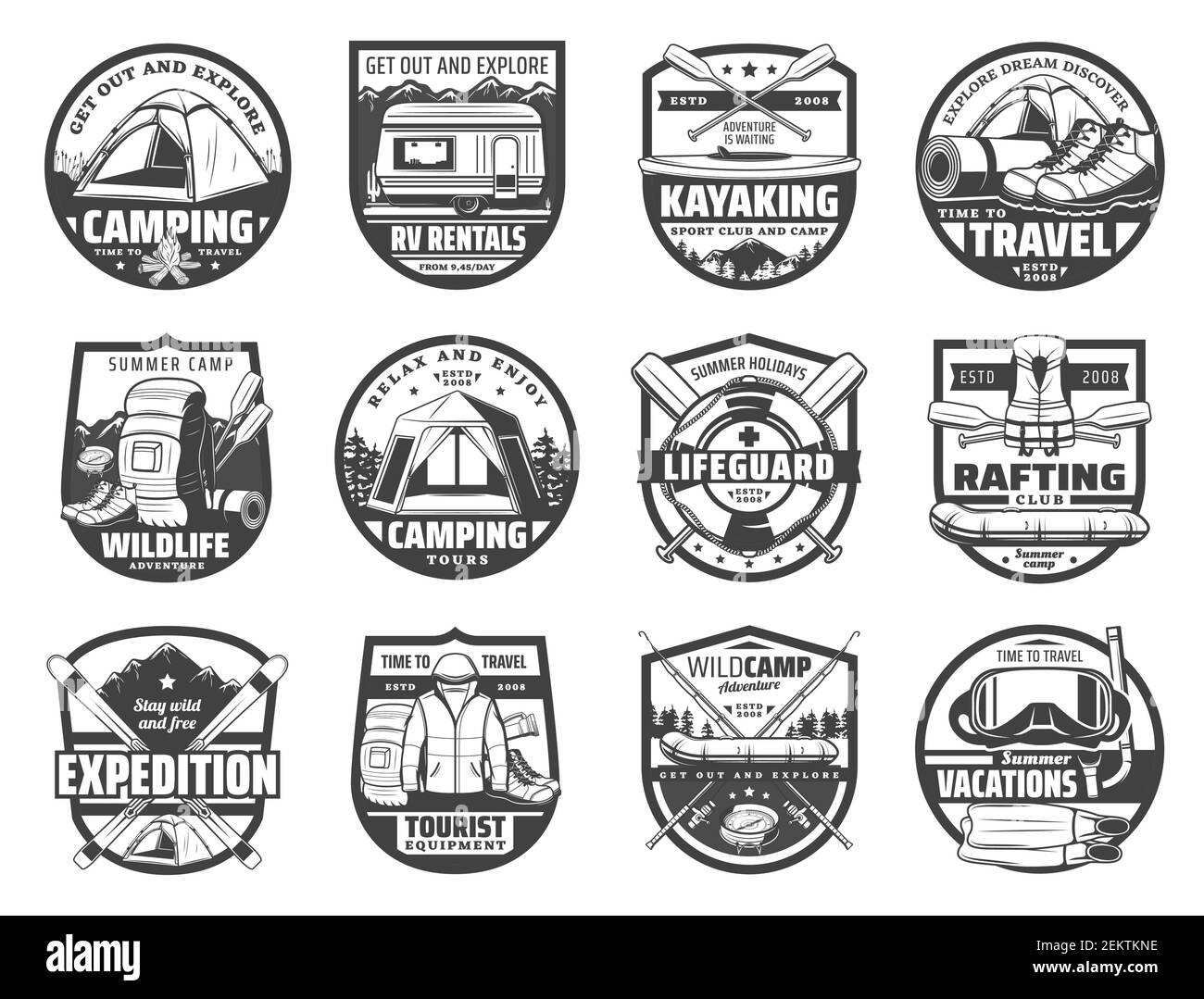 Travel and recreation, sport adventure isolated hobbies icons. Vector ...