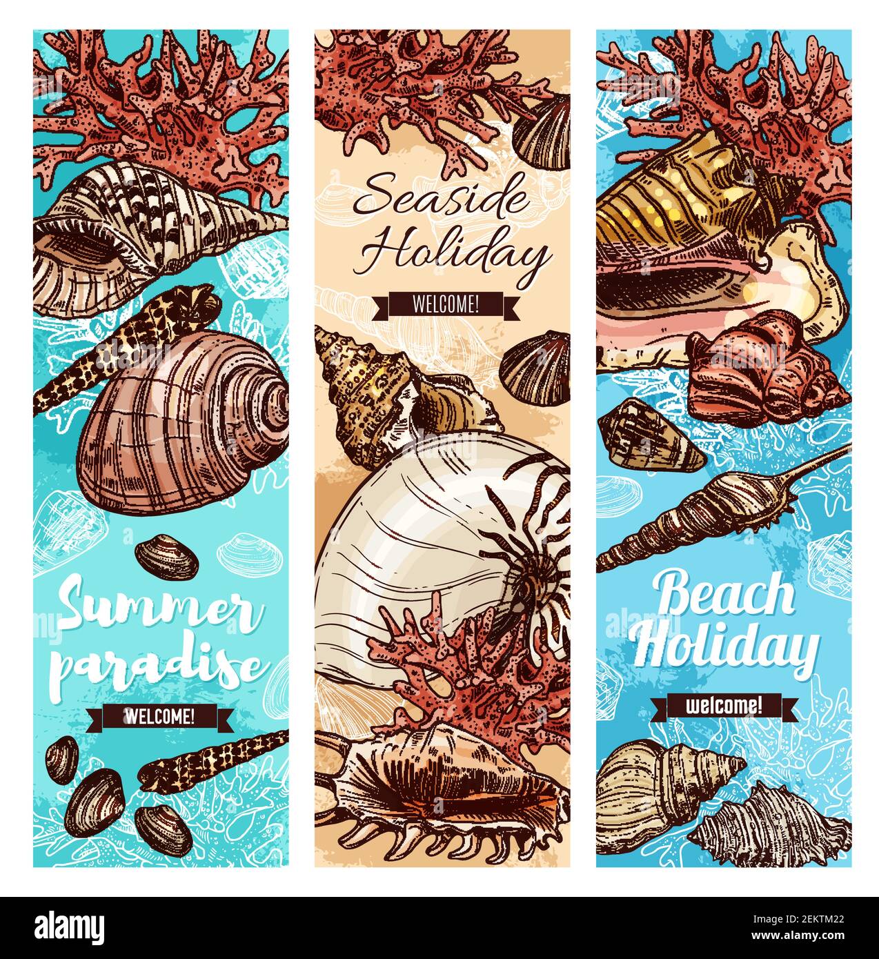 Welcome to paradise, summer seaside holiday sketch banners. Vector ...