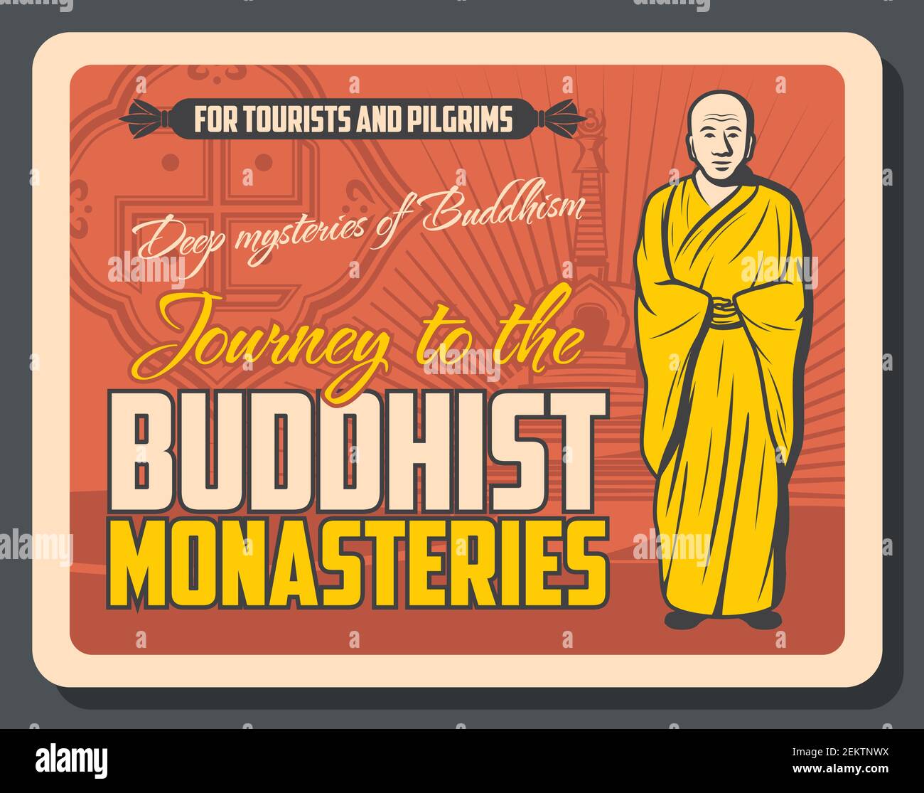 Buddhist monasteries retro advertisement with monk, stupa and swastika ...