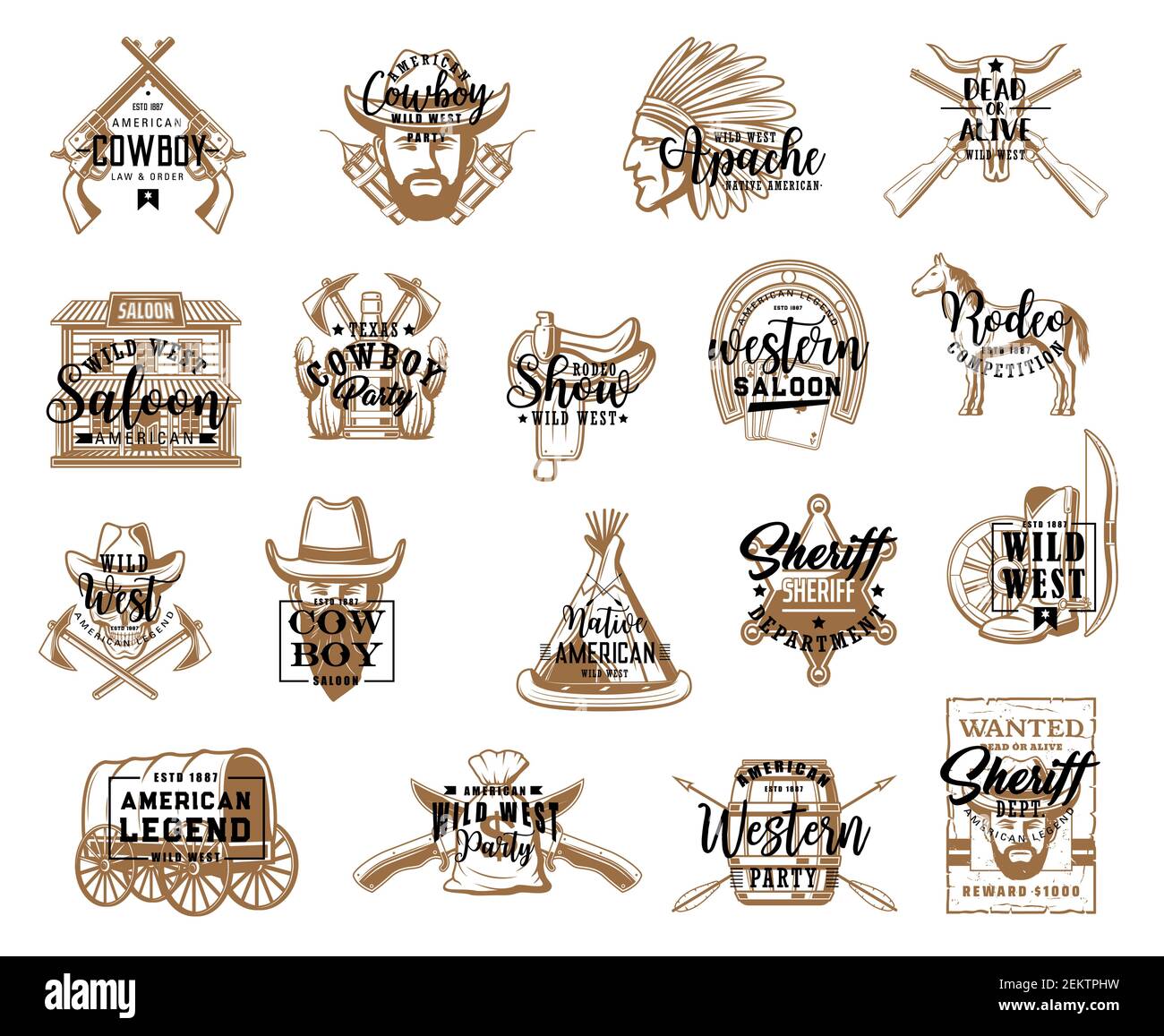 Cowboy saloon and wild west isolated icons, western symbols. Vector ...