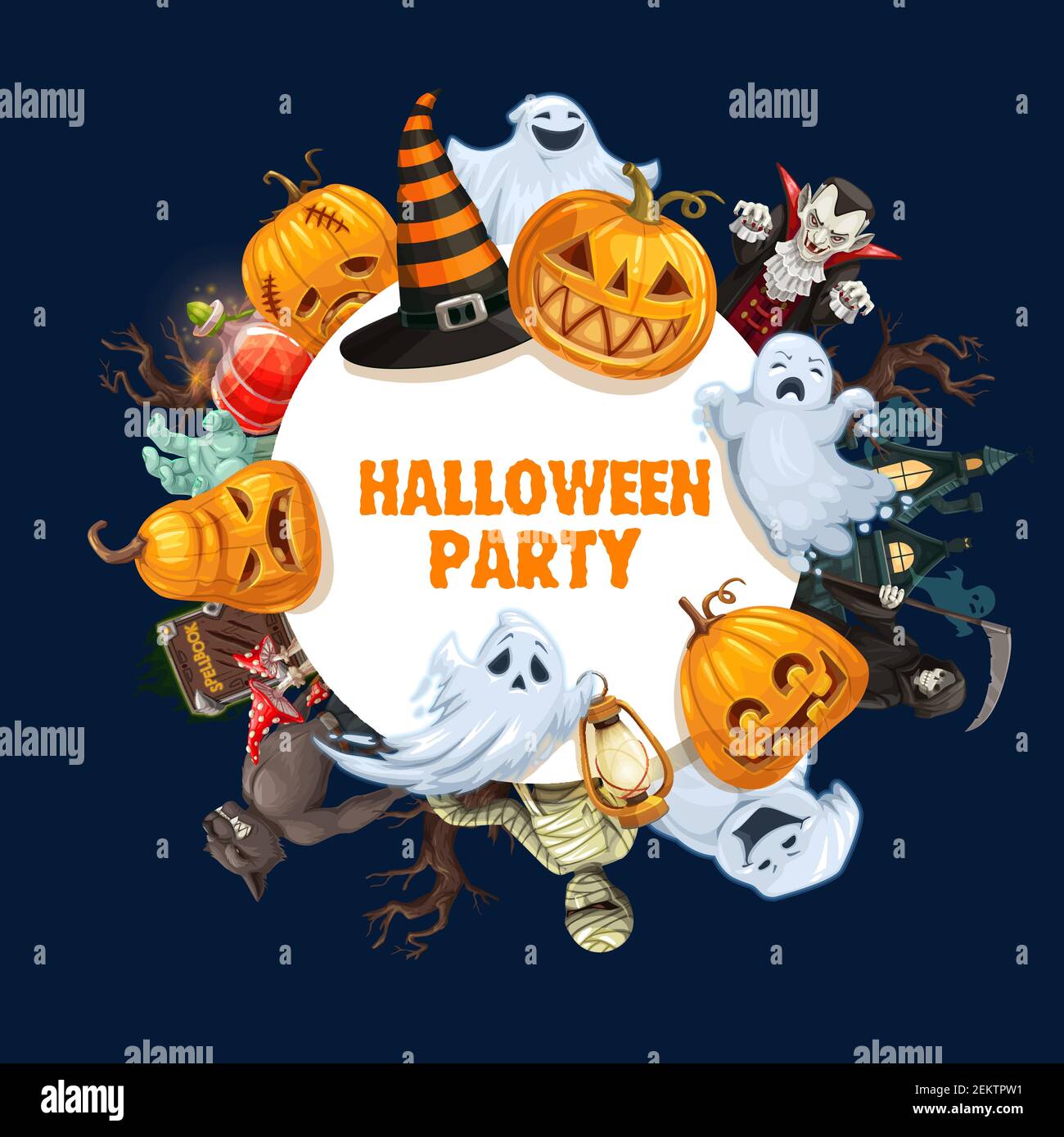 Halloween party horror night monsters vector design. Pumpkins, ghosts ...