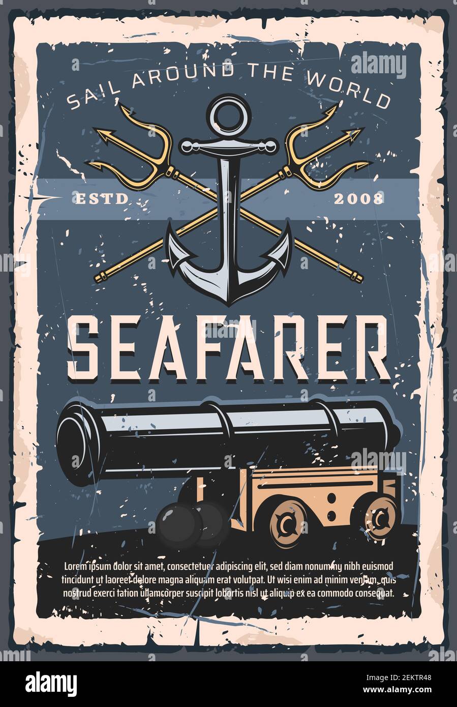 Seafarer artillery, marine cannon, retro anchor and crossed tridents ...