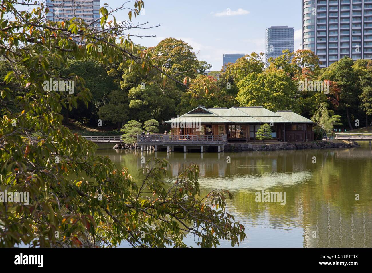 Nakajima-no-ochaya (tea house) in the middle of Shioiri-no-ike (pond ...