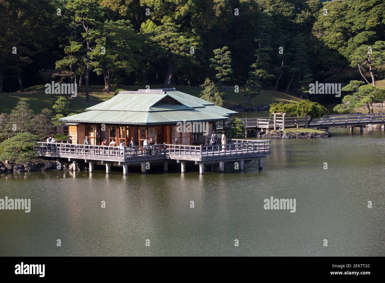 Nakajima-no-ochaya (tea house) in the middle of Shioiri-no-ike (pond ...