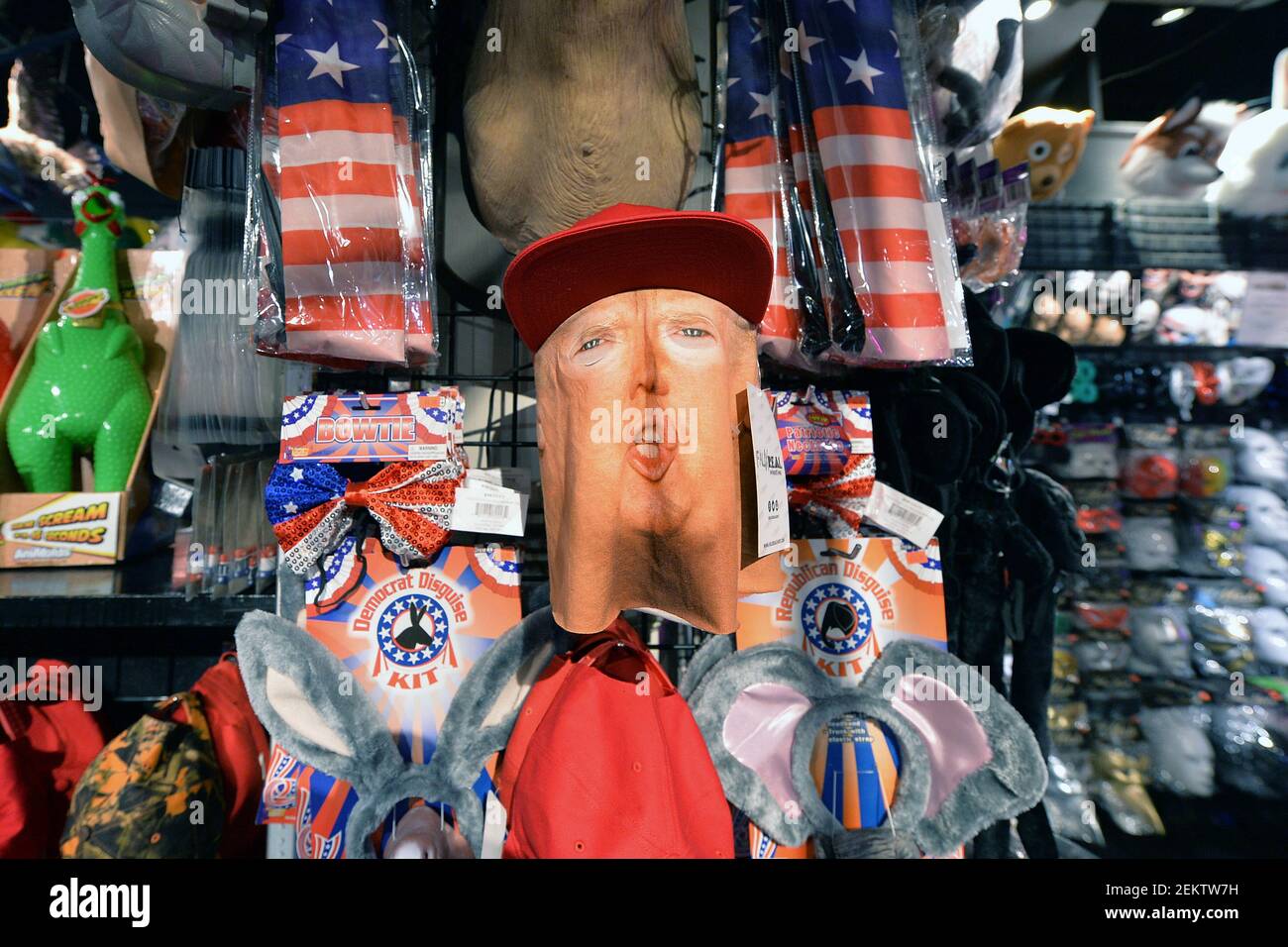 A MAGA hat has the face of U.S. President Donald Trump printed on ...