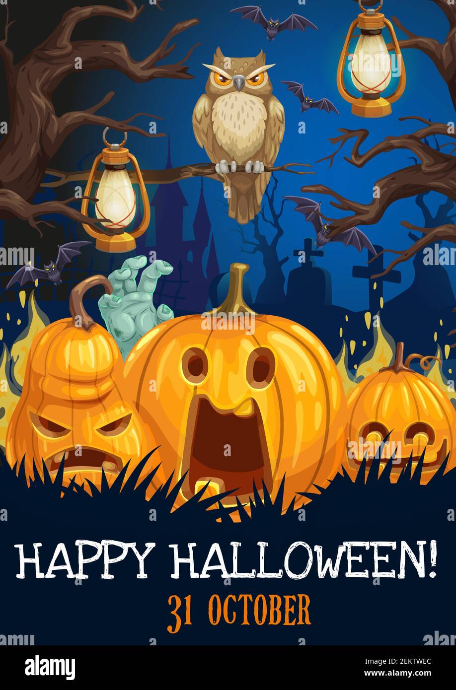 Horror pumpkins, bats and owl, Halloween greeting card vector design ...