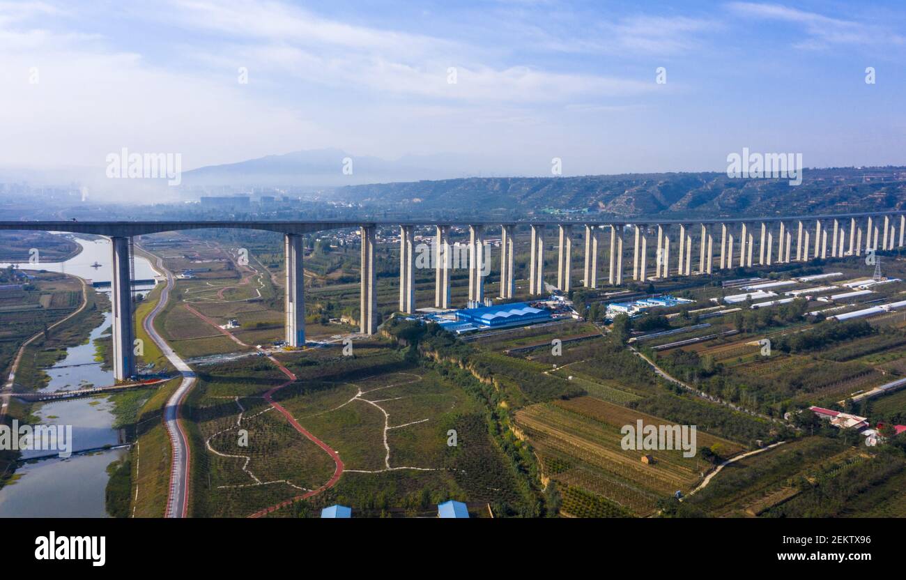 An aerial view of Hongnongjianhe Bridge under construction in Sanmenxia ...